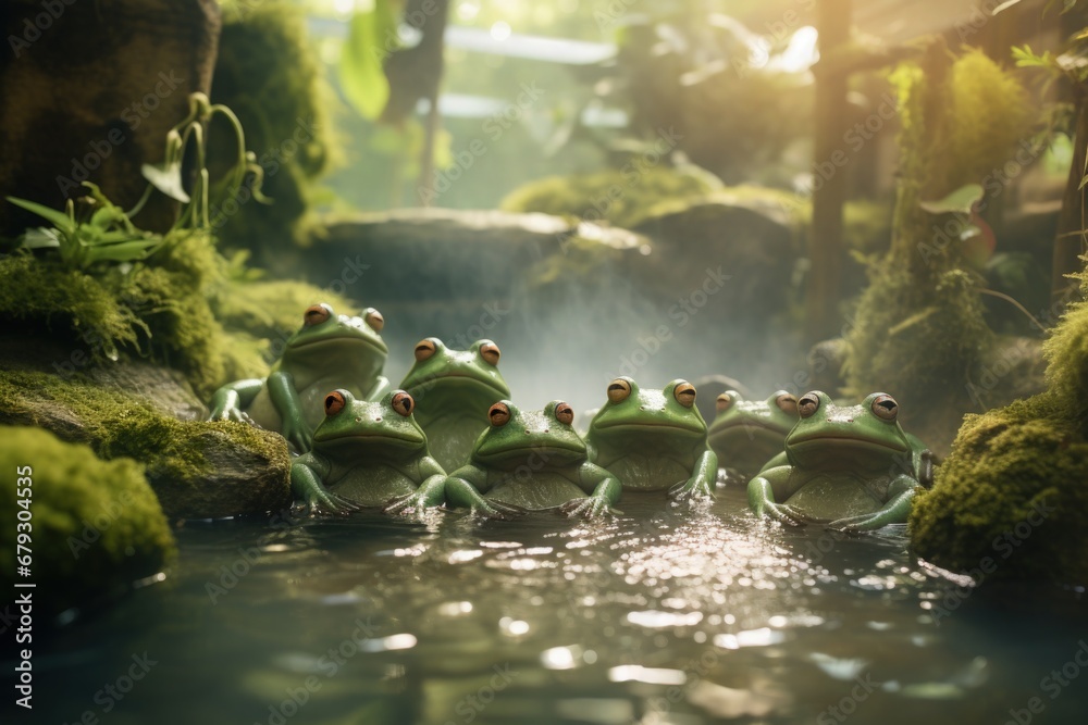 Frogs Enjoying Onsen Hot Spring Spa 3D Animation Cartoon Concept of ...