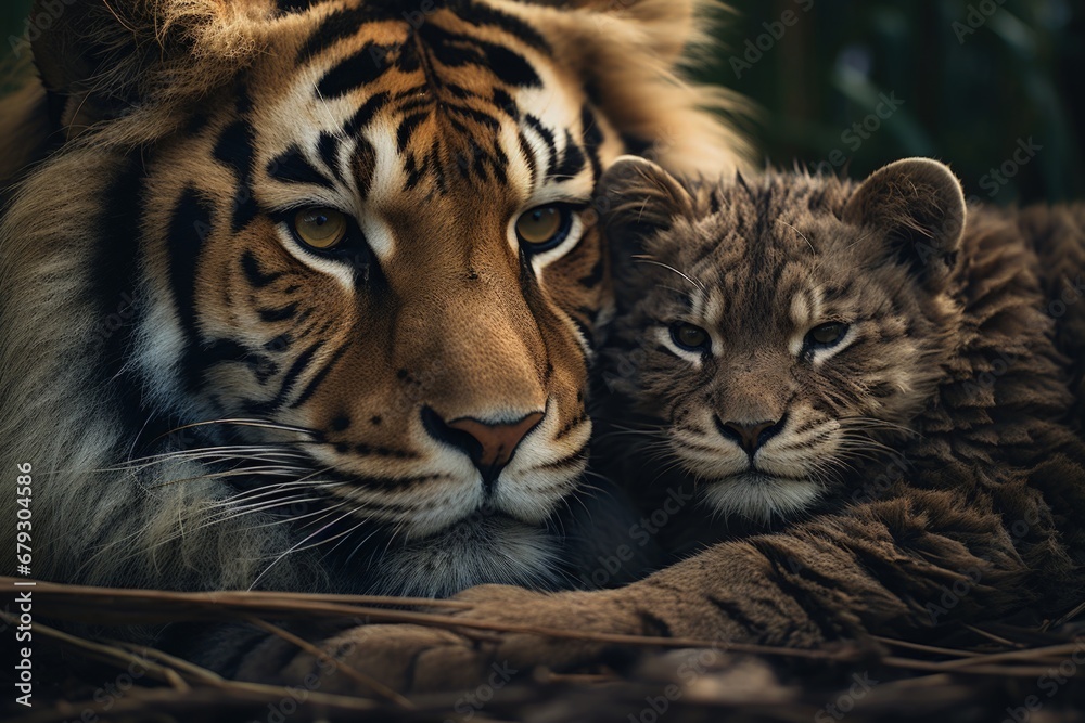 Tiger and Baby Tiger Cubs Offspring in Bush Forest Habitats Trees ...