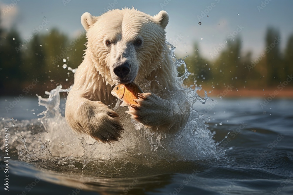 Hungry Polar Bear Hunting Catching Eating Fish in Water Concept of ...