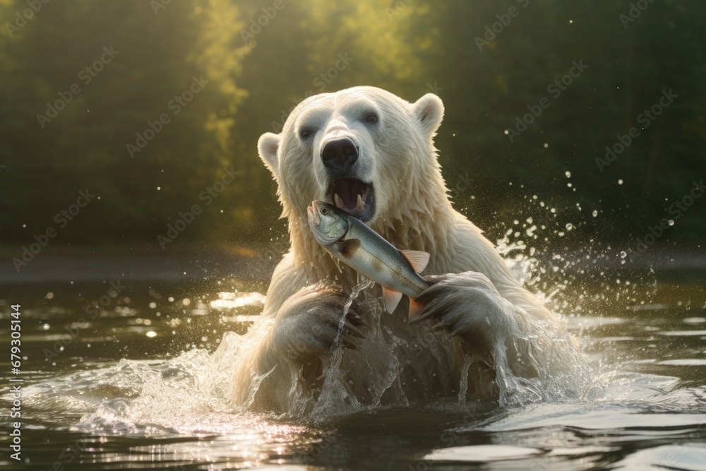 Hungry Polar Bear Hunting Catching Eating Fish in Water Concept of ...