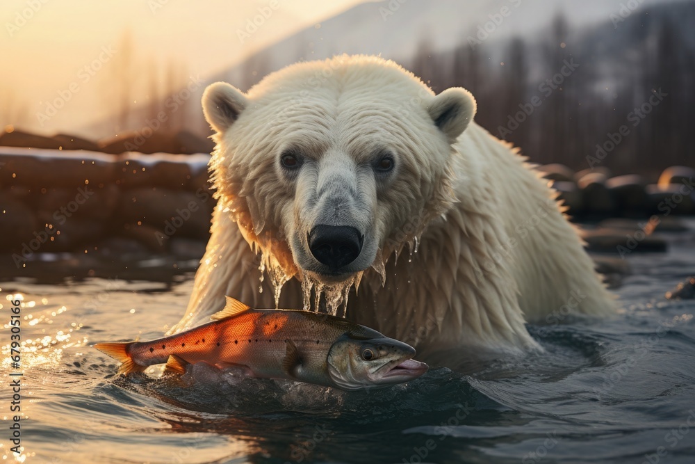 Hungry Polar Bear Hunting Catching Eating Fish in Water Concept of ...