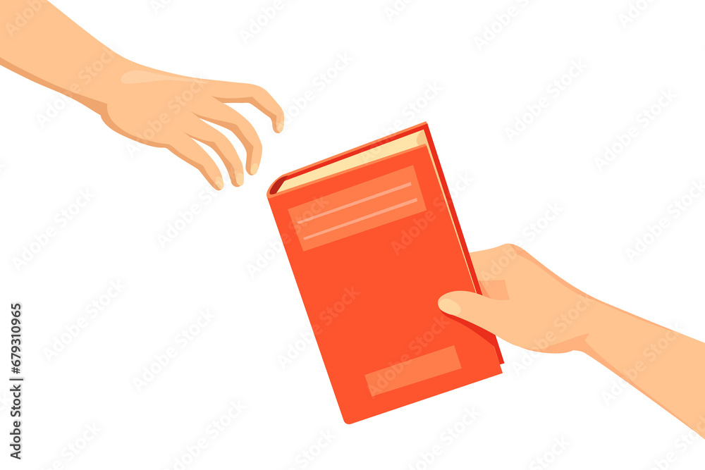 Hand giving book. Exchange books, hands borrow knowledge, swap gift ...