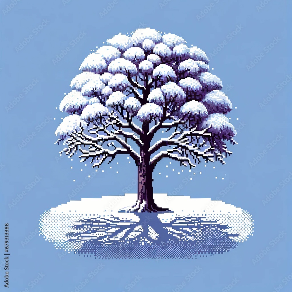 Pixelated Oak Tree Graphic illustration of a tree with snow-covered ...