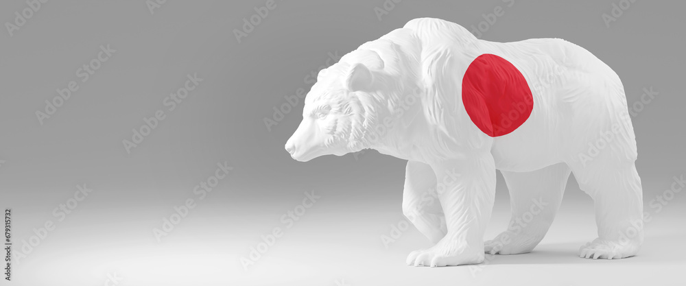 Horizontal banner of a bear with Japan flag on plain empty grey ...