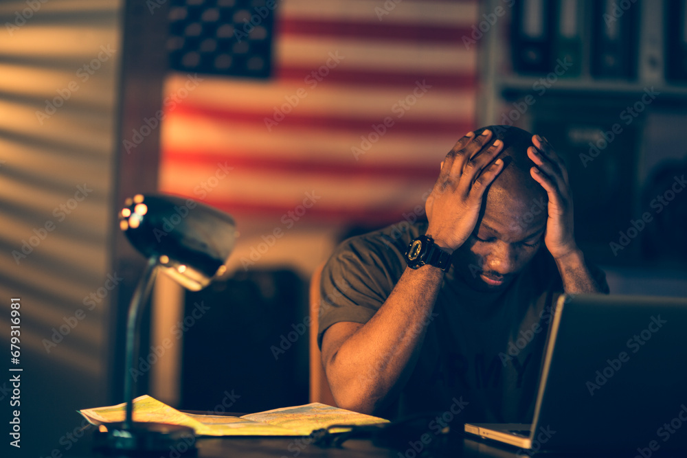 American soldier being tired and missing home while being deployed in ...