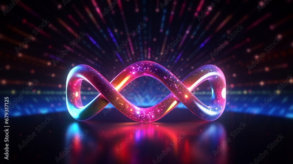 An abstract background with an infinity sign is made up of digital neon ...