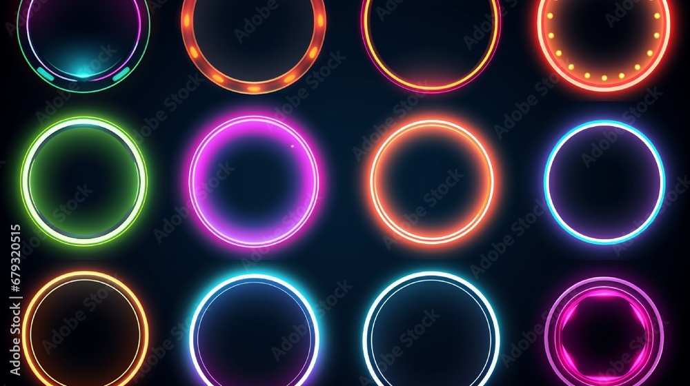 Set of glowing neon color circles round curve shapes isolated on black ...