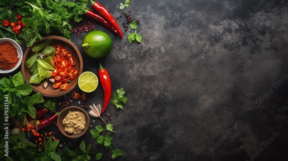 Asian food background with various ingredients on rustic stone ...