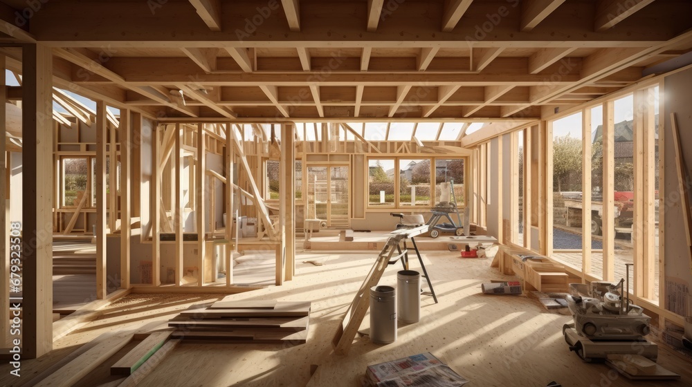 Interior of a UK timber frame house under construction Stock Photo ...
