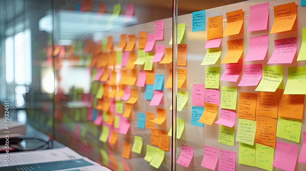 Blur color notes or sticky note on the glass wall in the office during ...