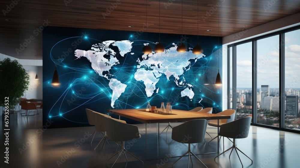Abstract virtual world map with connections on a modern conference room ...