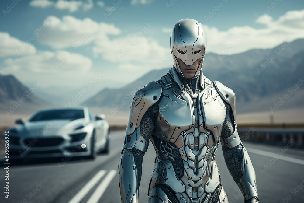 Humanoid robot urban portrait on the road near mountains and car ...