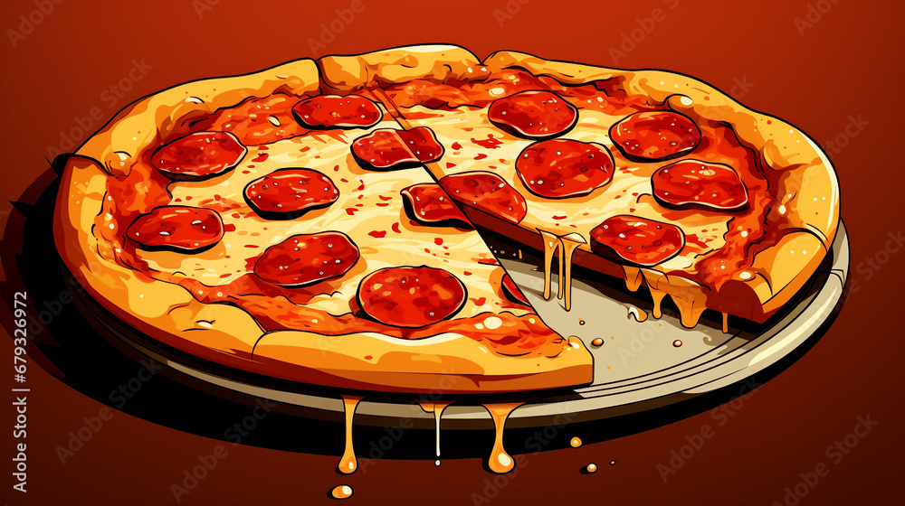 Cartoon style delicious Italian pepperoni pizza on a red background ...