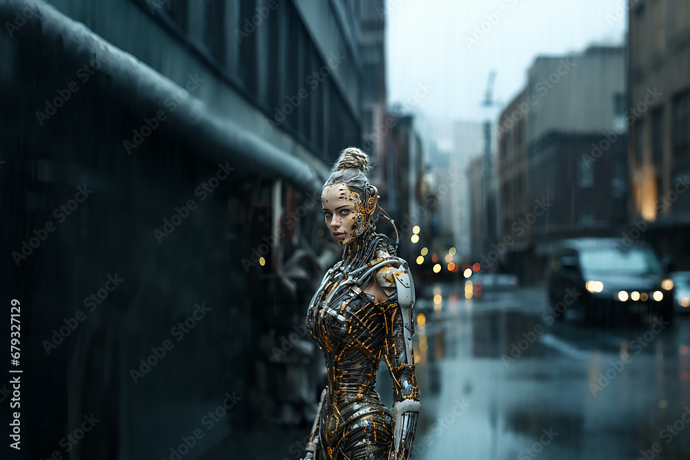 Humanoid woman robot urban portrait in apocalyptic city at the evening ...