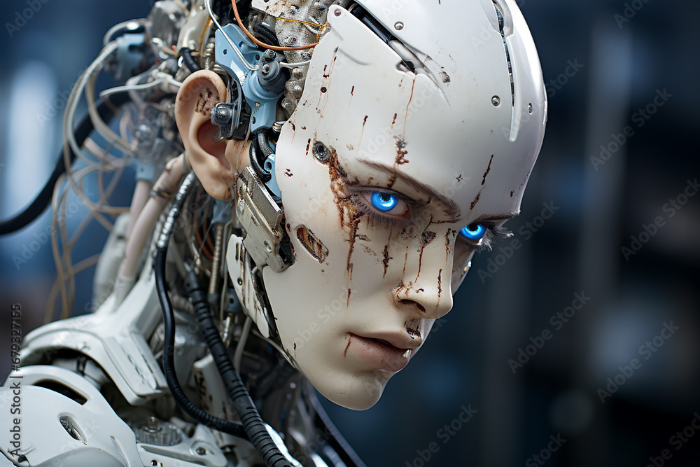 Humanoid robot closeup urban woman portrait with burning eyes, Industry ...