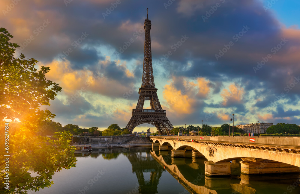 View of Eiffel Tower and river Seine at sunrise in Paris, France ...
