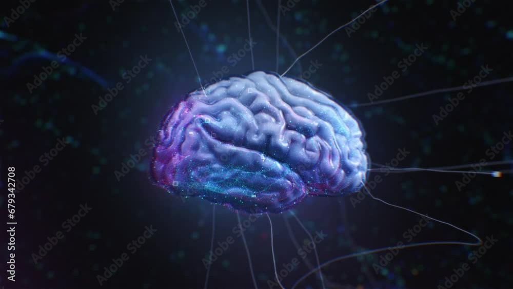 3D animated brain with luminous neural pathways against a dark ...