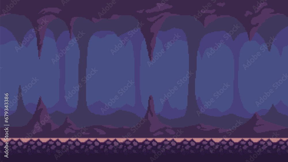 Pixel art game background, underground cave with stalactites and ...