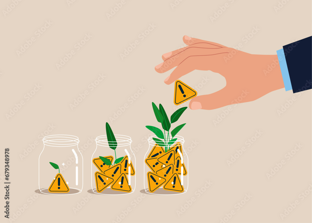 Big hand holds exclamation attention signs puts it in a jar. Problems ...