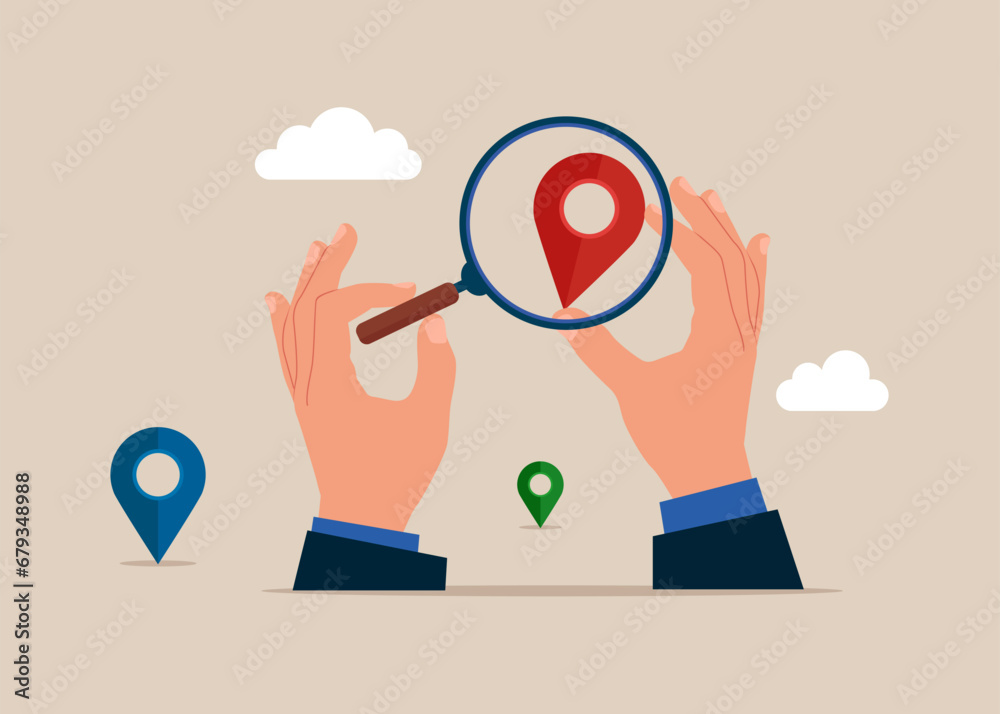 Hand human with magnifying glass and with location pin with map ...