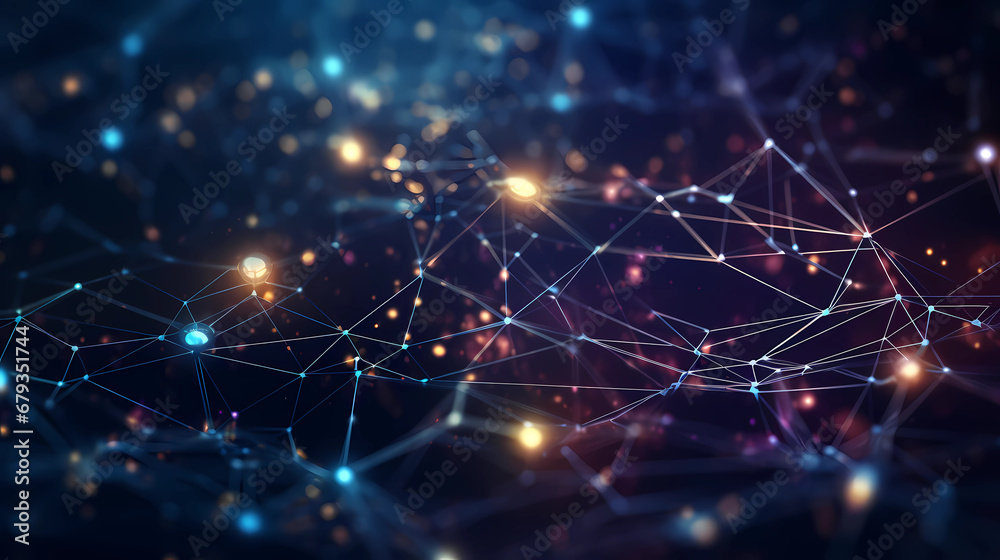 Abstract blue technology background with a cyber network grid and connected particles, teal and ...