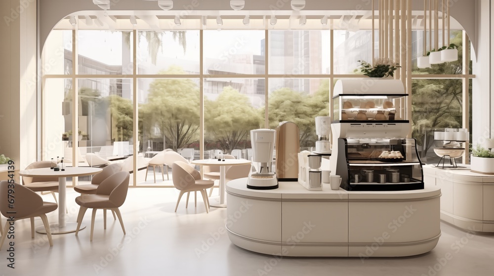 Small modern Korean style design cafe, glossy ivory white round corner ...