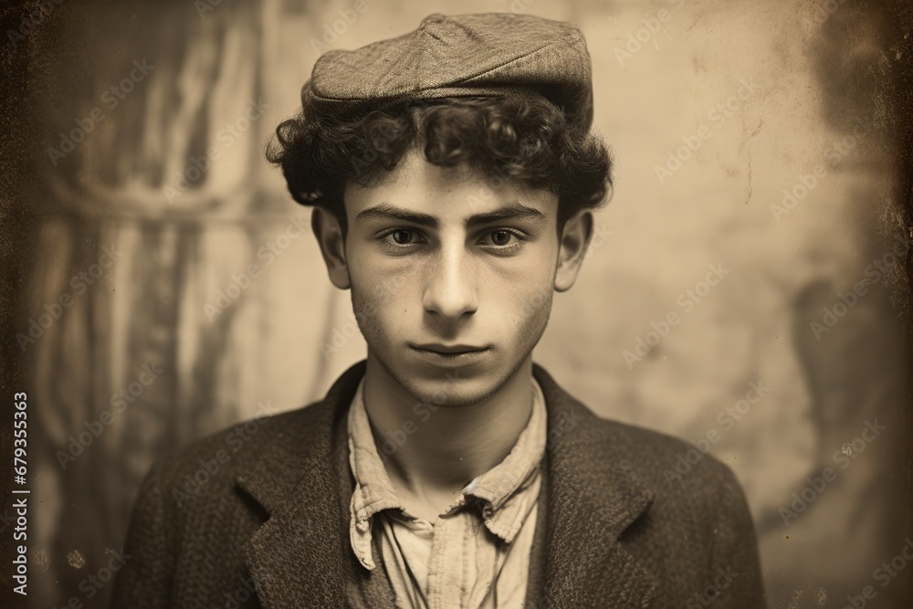 black and white, a young Jewish man posing serious in front of the ...