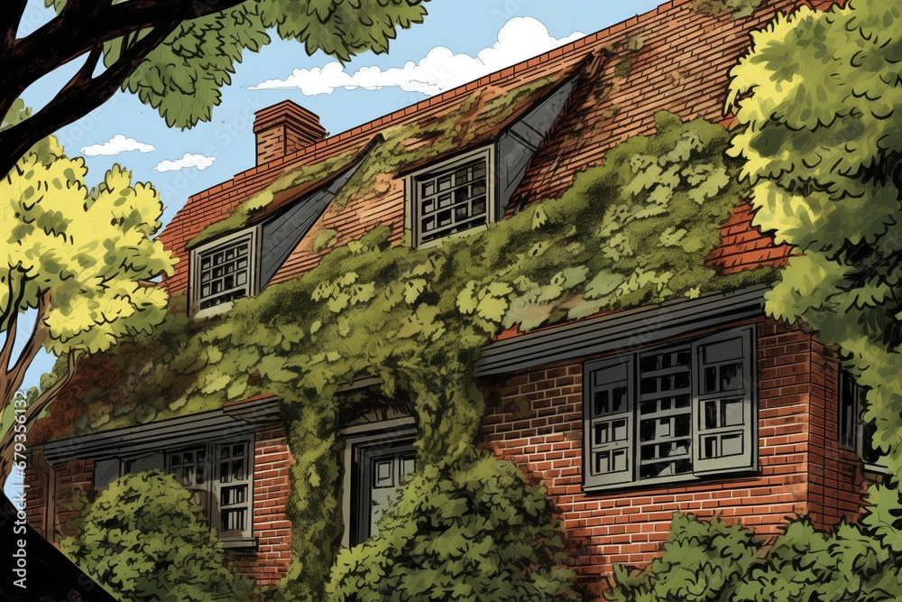 brick dutch colonials flared eave surrounded by foliage, magazine style ...