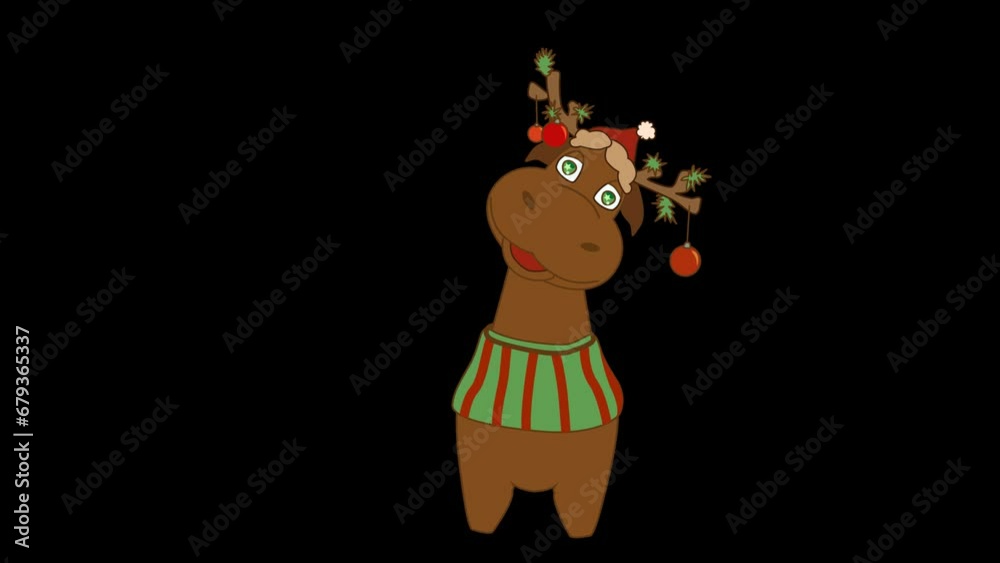 Cute Christmas deer with fir tree and red bauble on antlers wearing ...