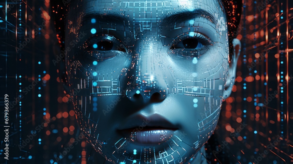 A female face with matrix digital numbers, dots, links. Digital screen ...