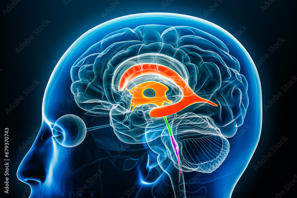 Ventricles and cerebral aqueduct in colors x-ray profile close-up view ...