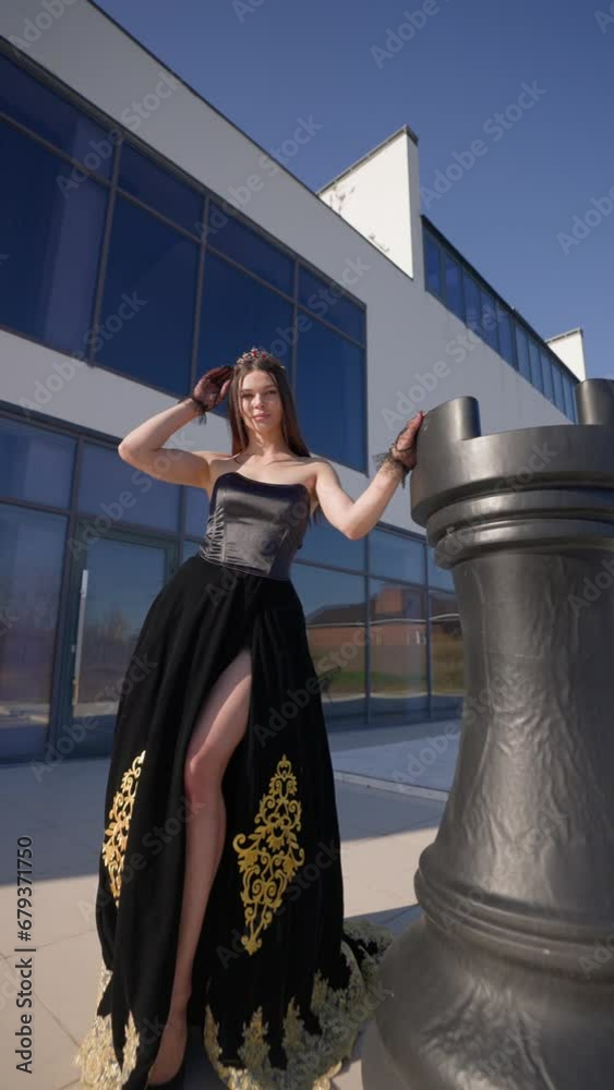 Beautiful Princess Woman with Crown on her Head and Black Dress with ...