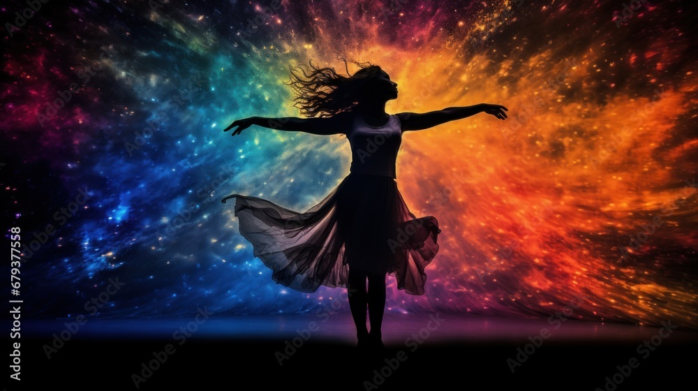 Silhouette of a woman dancing against cosmic backdrop of fiery nebulas ...