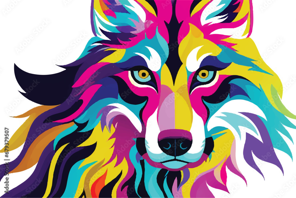 Wolf Abstract art. .A colorful wolf's head. a close up of a wolf's face ...