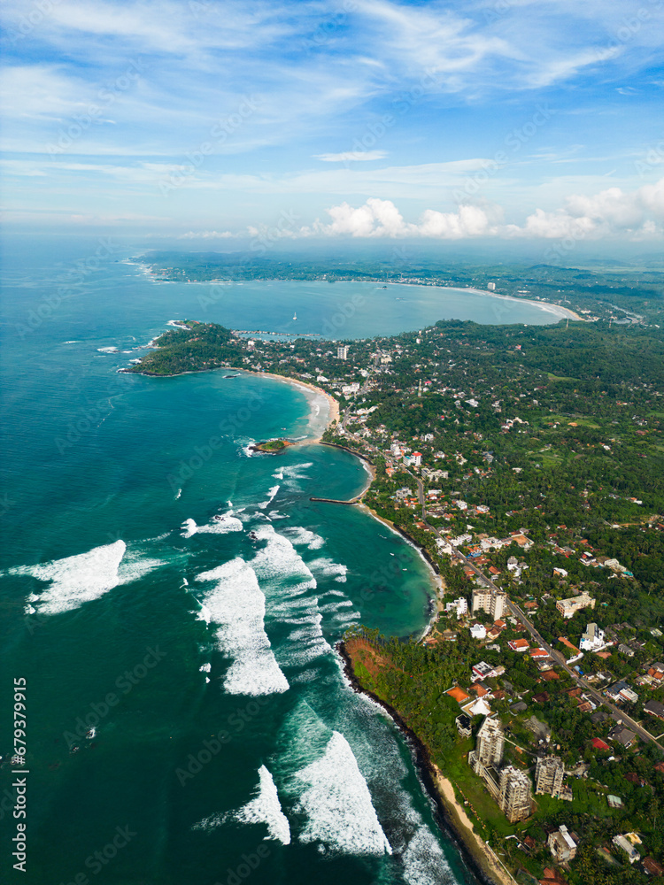 Aerial view with panoramic coastline with sparkling turquoise waters ...