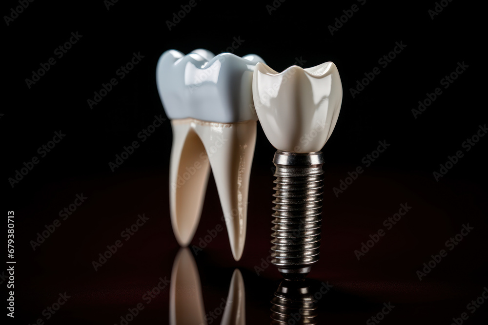 A dental implant model showcasing the titanium screw and abutment ...