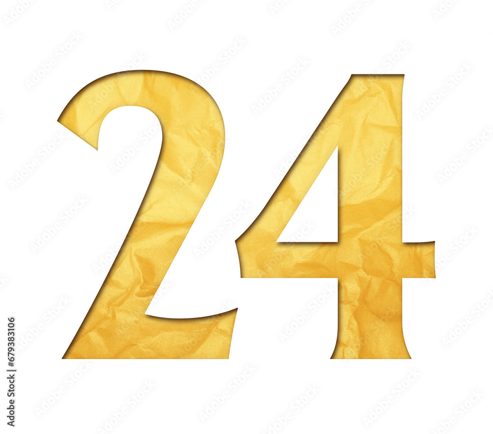 Number 24 with isolated paper cutout effect revealing gold crumpled ...