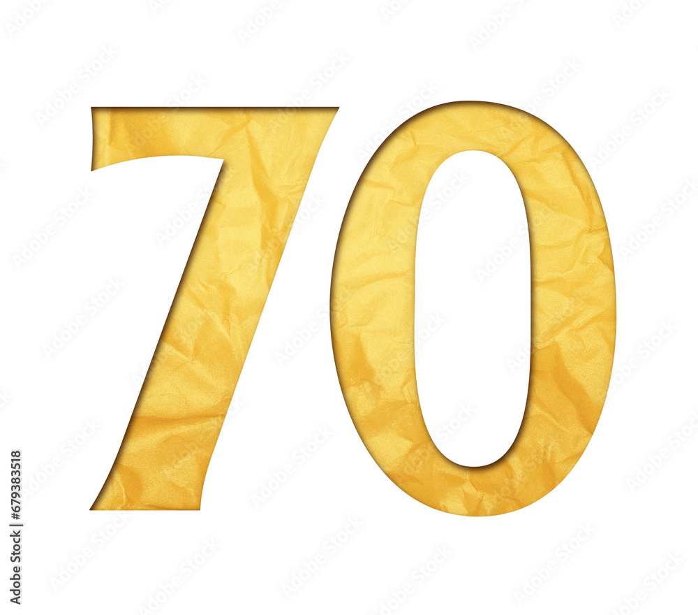 Number 70 with isolated paper cutout effect revealing gold crumpled ...