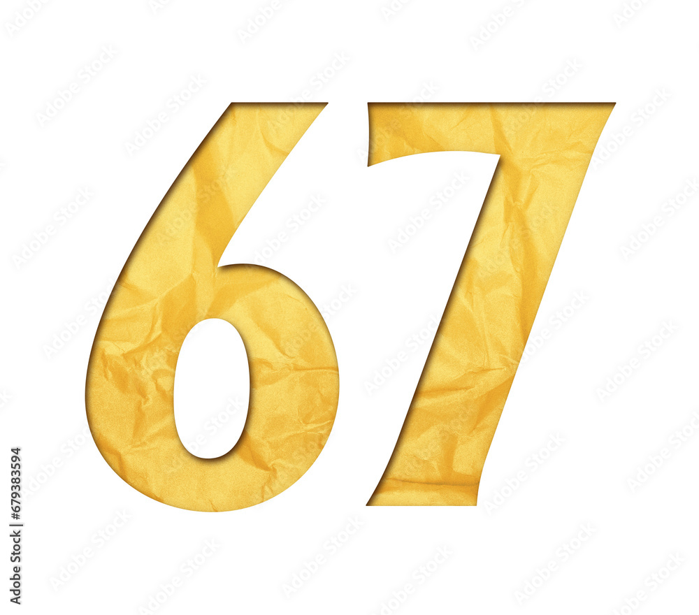 Number 67 with isolated paper cutout effect revealing gold crumpled ...
