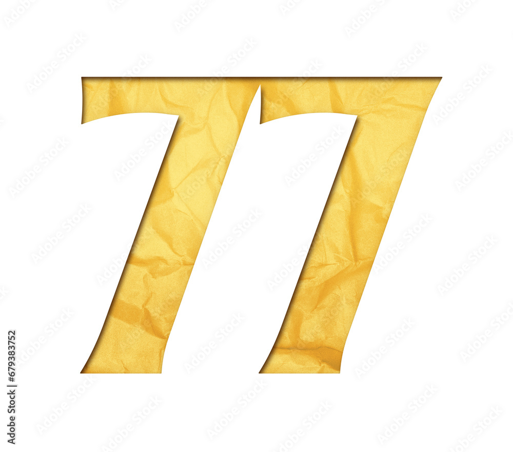 Number 77 with isolated paper cutout effect revealing gold crumpled ...