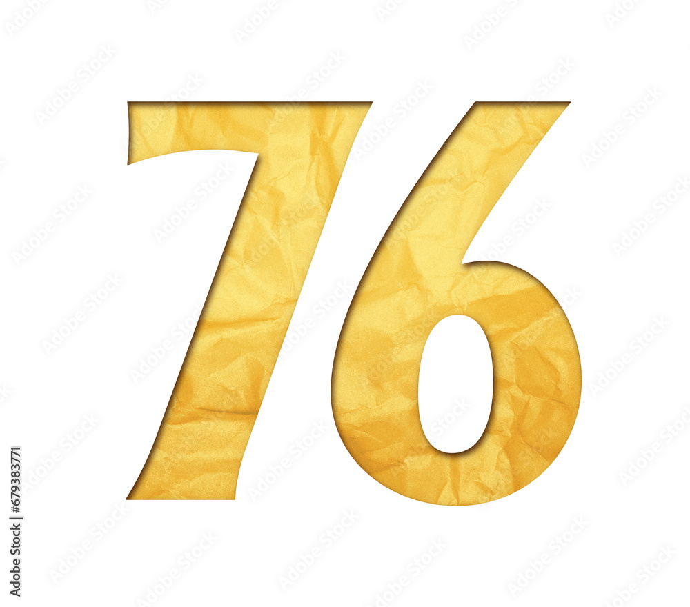Number 76 with isolated paper cutout effect revealing gold crumpled ...