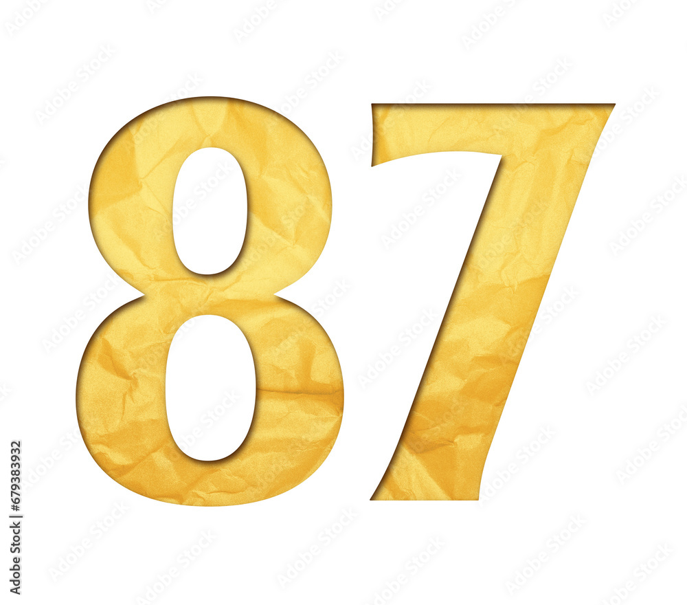 Number 87 with isolated paper cutout effect revealing gold crumpled ...