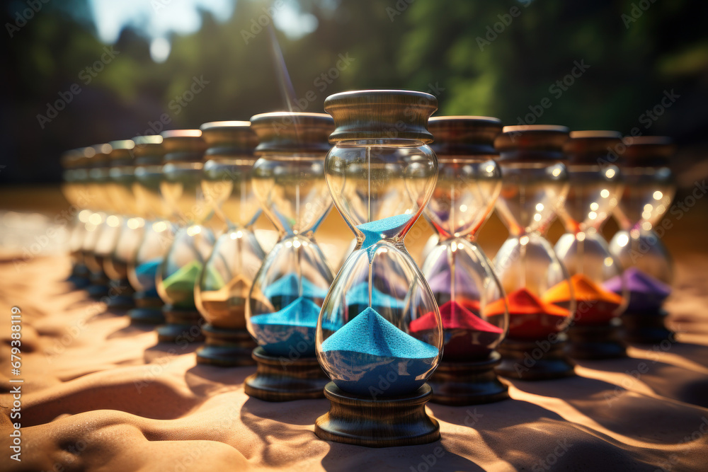 A cluster of hourglasses of various sizes, each containing a different colored sand, portraying ...