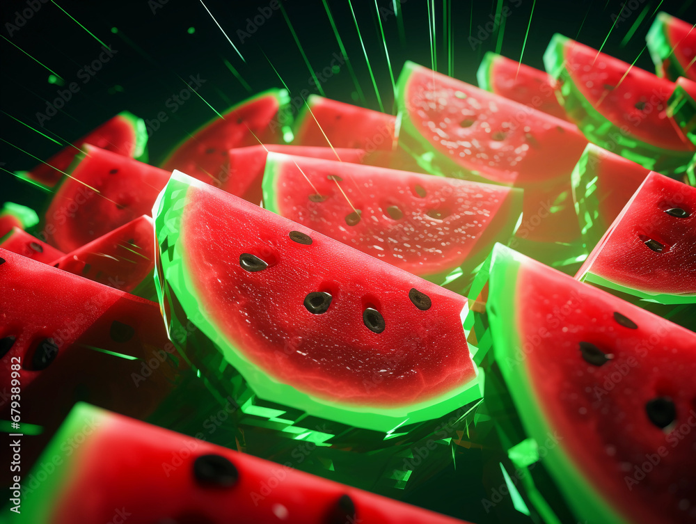 Watermelon slices, pixel art style, 8-bit, a spectrum of greens and ...