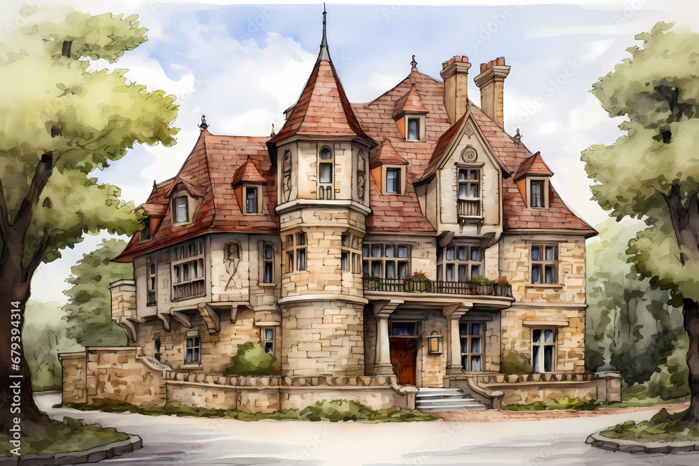 Châteauesque Style House (Cartoon Colored Pencil) - France in late 19th ...