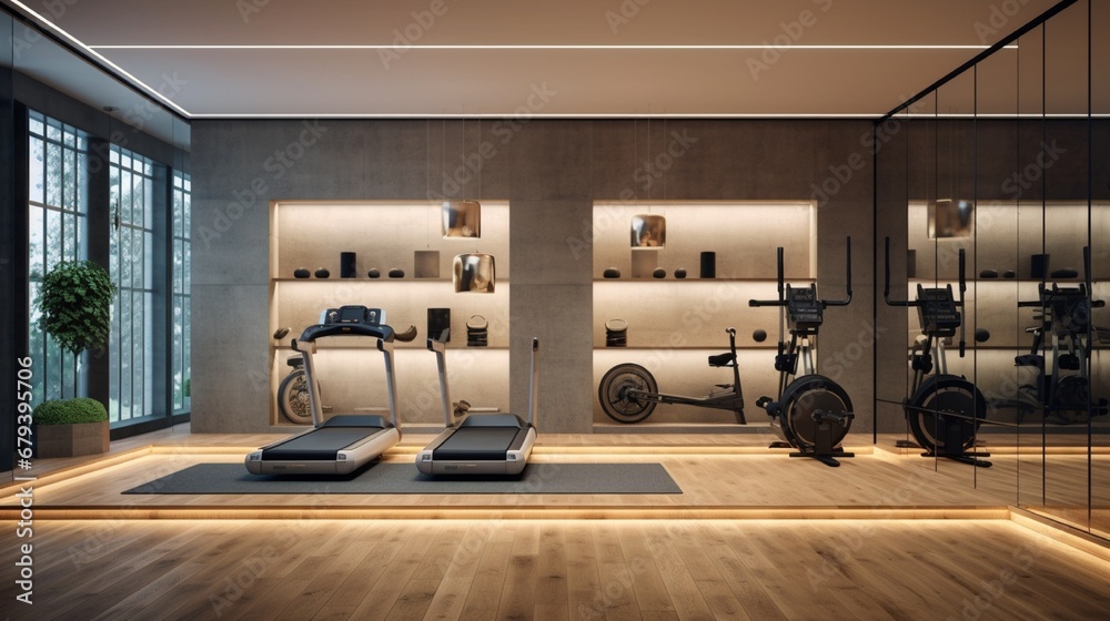 A contemporary home fitness studio with wall-mounted screens for ...