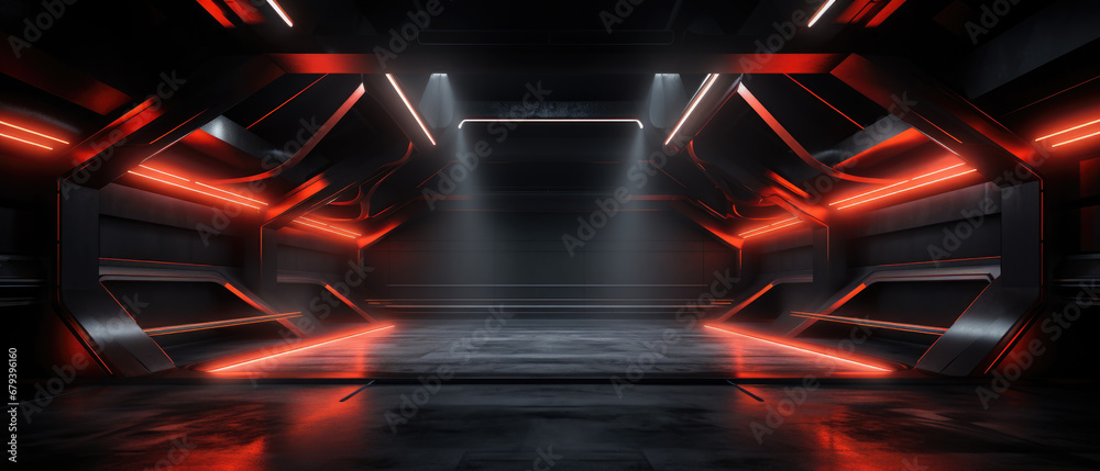 Futuristic room background, panorama of dark stage with neon lighting ...