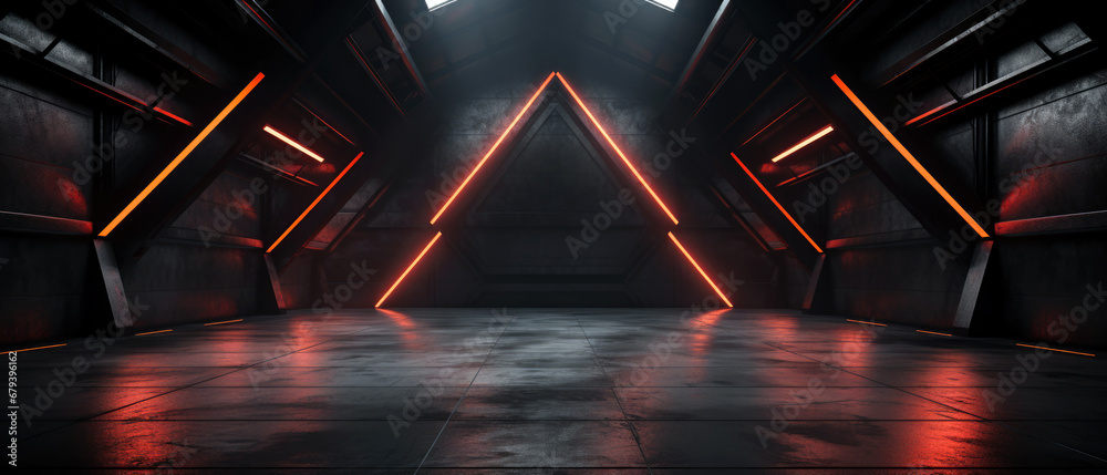 Futuristic stage background, dark modern room with neon lighting ...