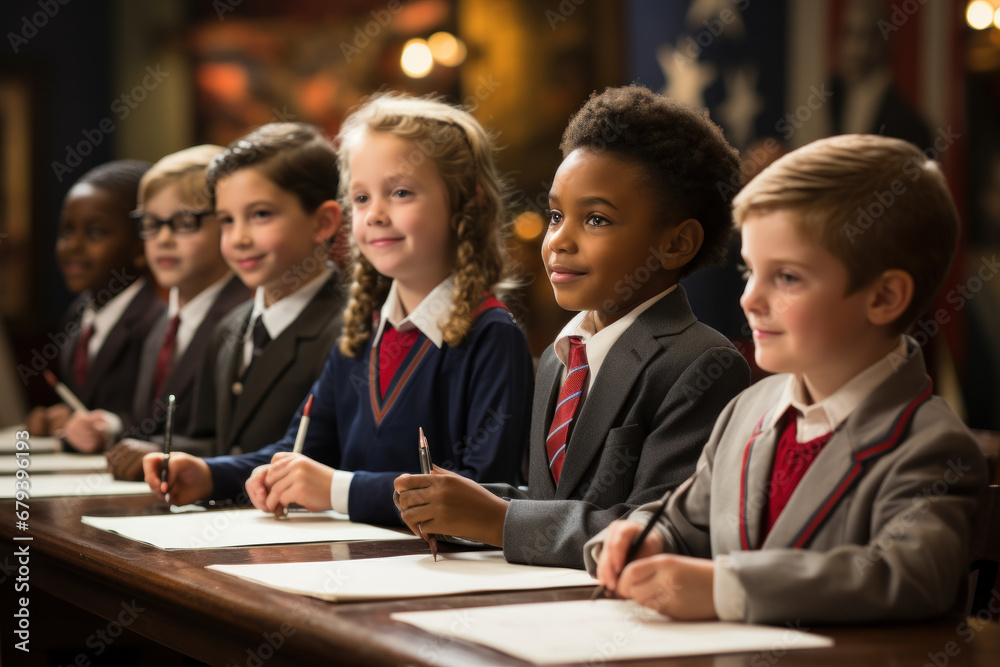 A group of young students participating in a presidential-themed art ...