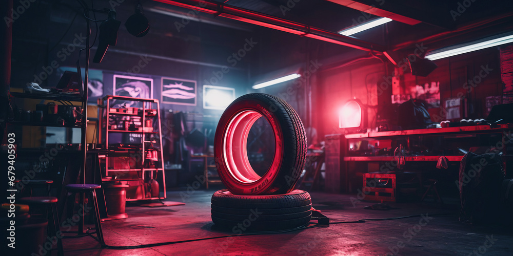 Tire workshop. A photograph in car workshop. MOT, winter or season ...